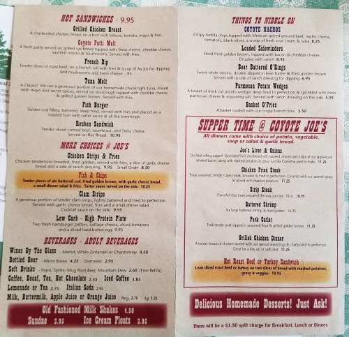 Coyote Joe's menu in Willamina, Oregon, USA