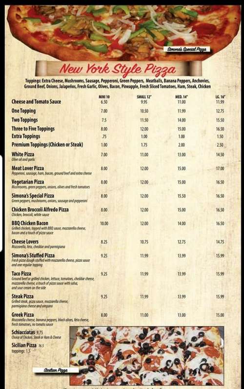 Simona's Italian Restaurant menu in Victoria, Virginia, USA