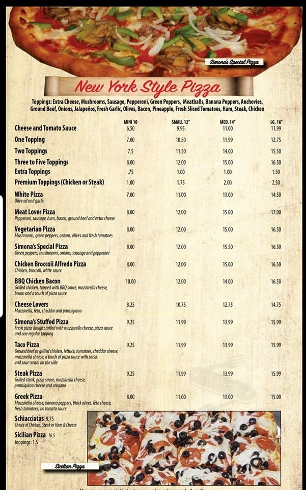 Simona's Italian Restaurant menu in Victoria, Virginia, USA