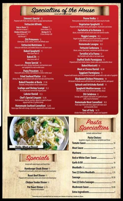 Simona's Italian Restaurant menu in Victoria, Virginia, USA