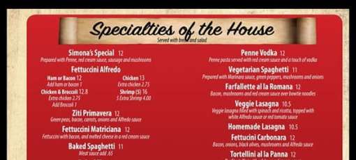 Simona's Italian Restaurant Menu - Victoria, Virginia | Sirved