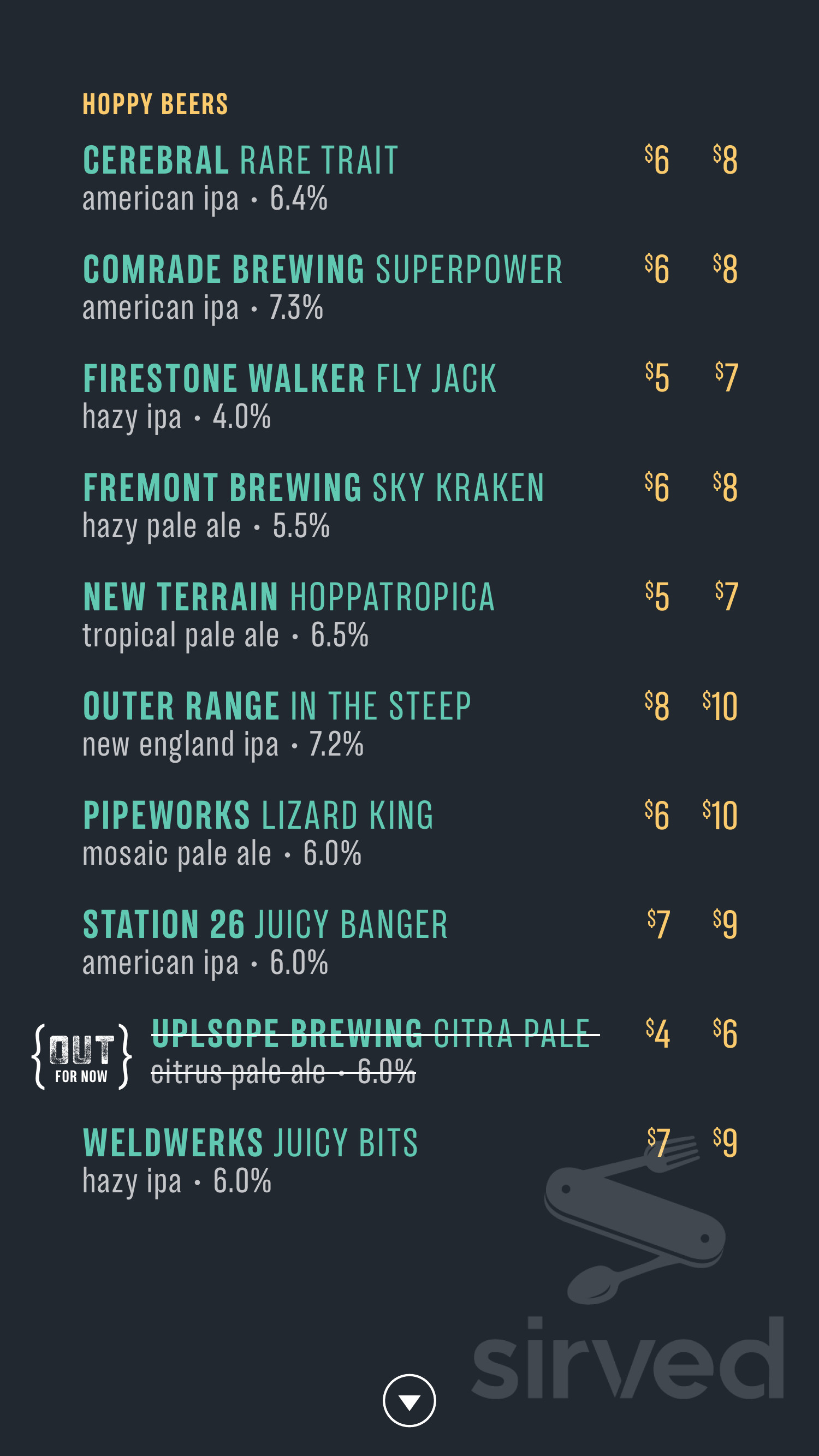Improper City menu in Denver, Colorado, USA