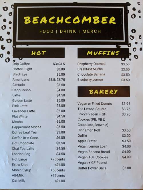 Beachcomber Coffee Company menu in Gibsons, British Columbia, Canada