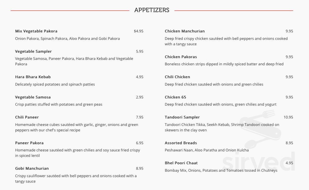 Shahi Indian Cuisine menu in Saginaw, Michigan, USA