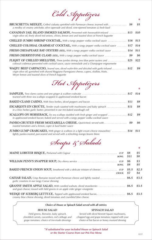 William Penn Inn menu in Gwynedd, Pennsylvania, USA