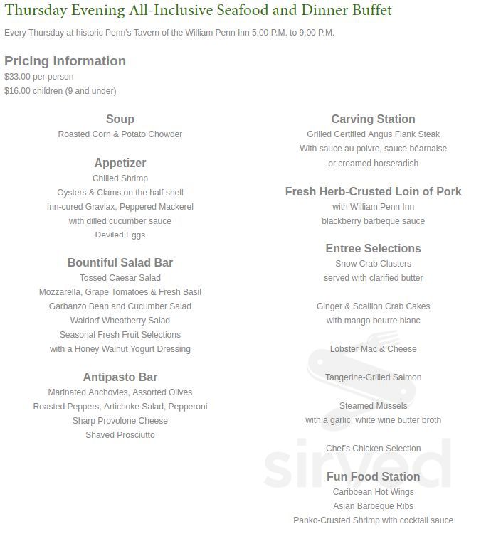 William Penn Inn menu in Gwynedd, Pennsylvania, USA