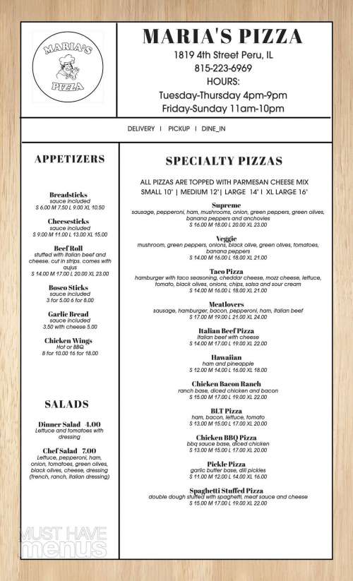 Maria's Pizza Peru menu in Peru, Illinois, USA