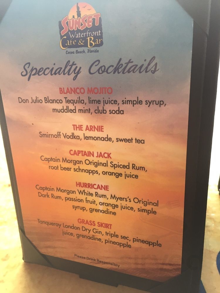 Menu for Sunset Cafe' Waterfront Bar & Grill in Cocoa Beach, FL | Sirved