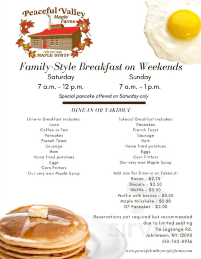 Menu for Peaceful Valley Maple Farms in Johnstown, NY | Sirved