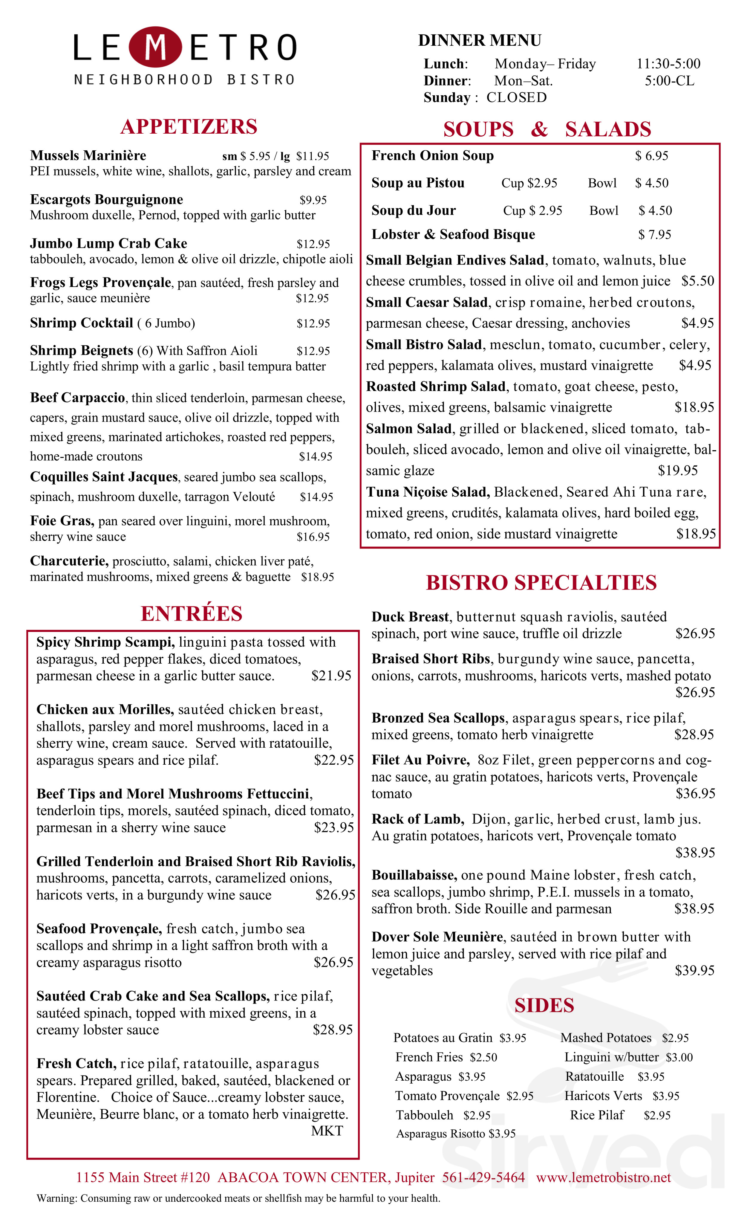 Le Metro menus in Jupiter, Florida, United States