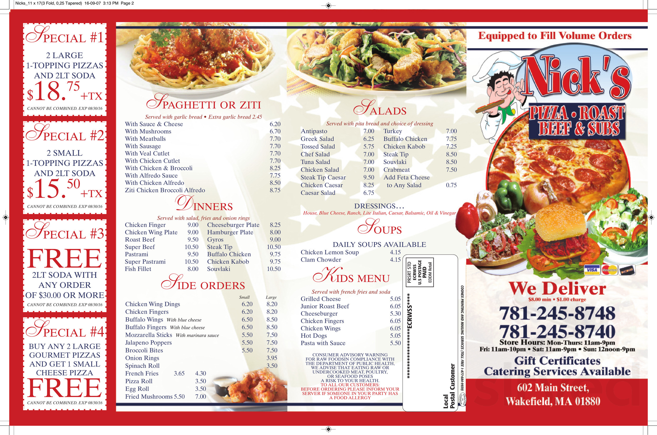 Nick's Pizza Roast Beef & Subs menu in Wakefield, Massachusetts, USA