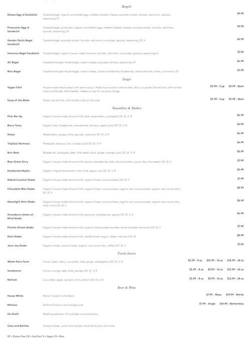 Active Culture menu in Bend, Oregon, USA