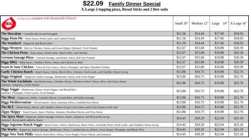 Diggs Pizza menu in Boise, Idaho, USA