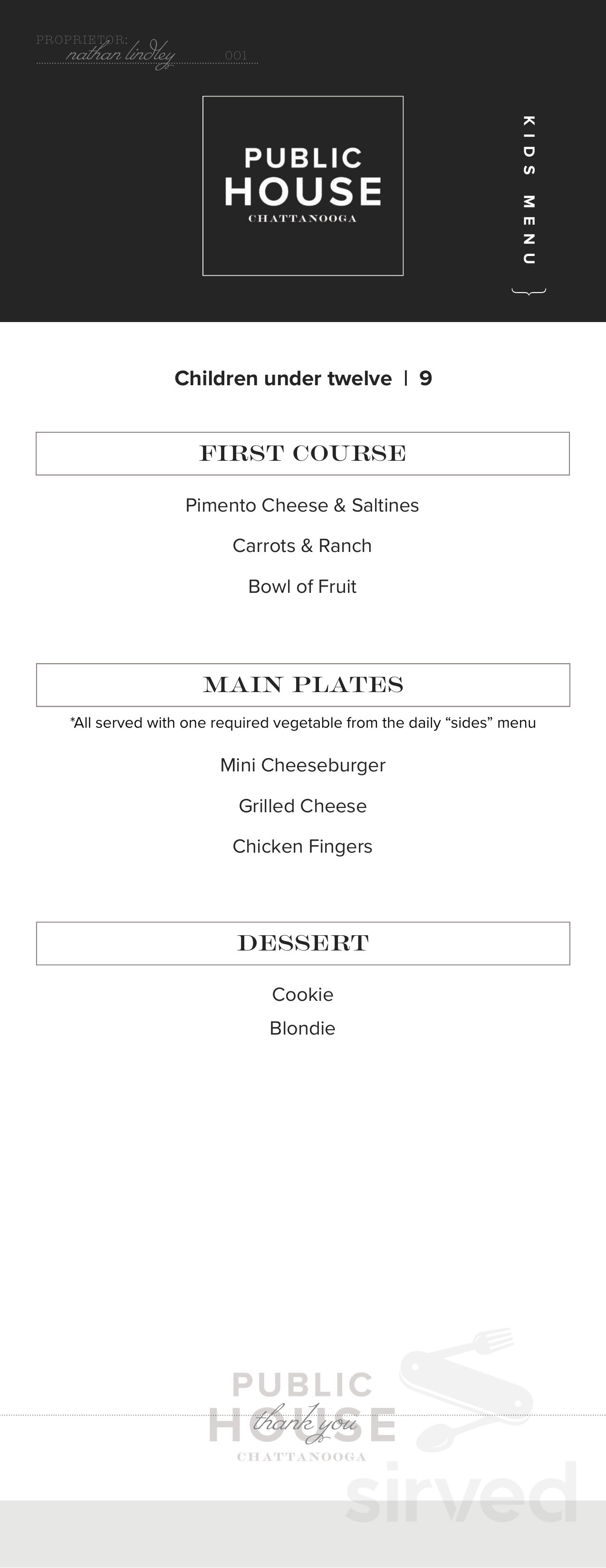 Public House Restaurant menu in Chattanooga, Tennessee, USA