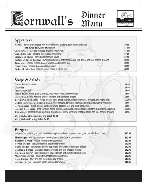 Cornwall's menu in Boston, Massachusetts, USA