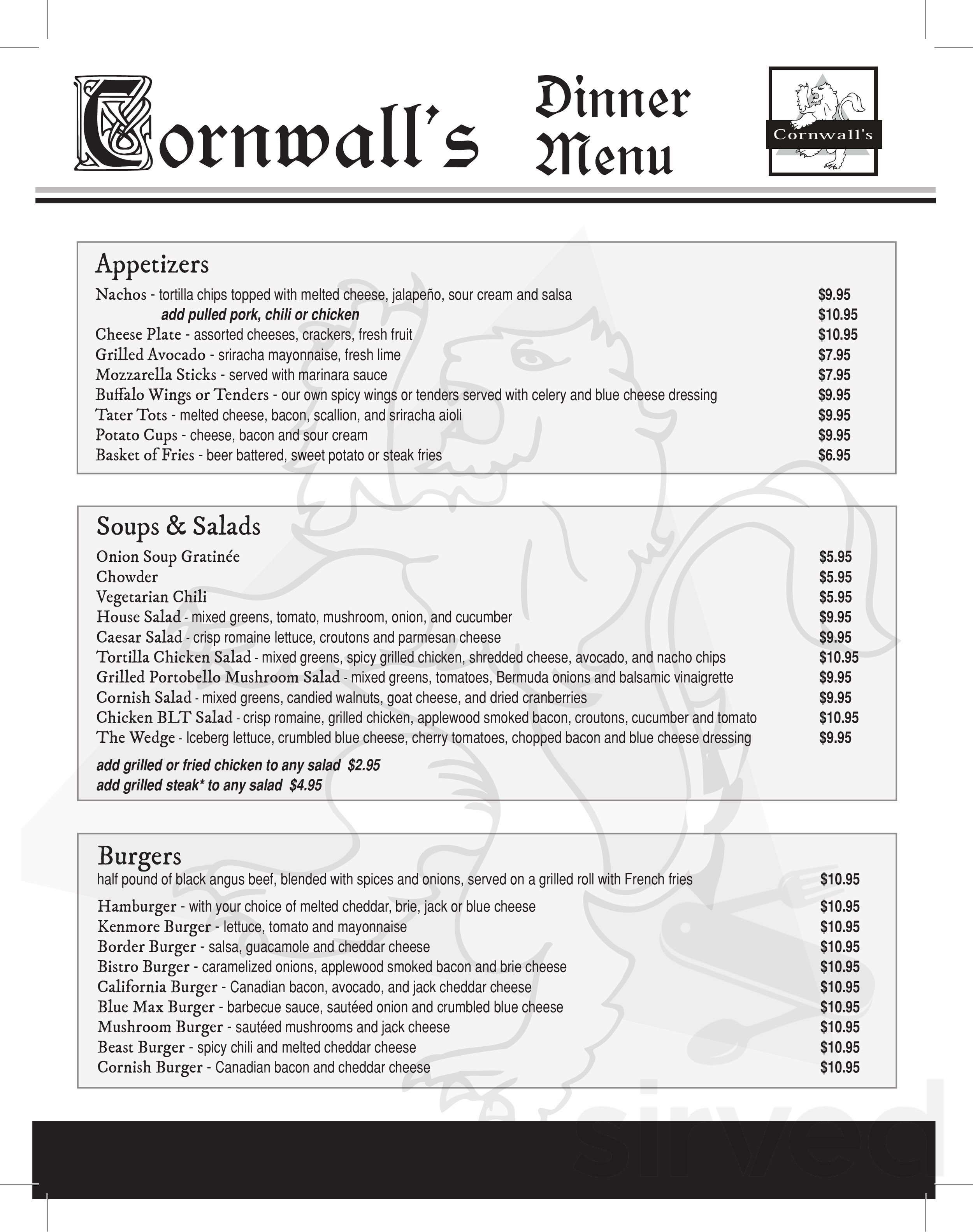 Cornwall's menu in Boston, Massachusetts, USA