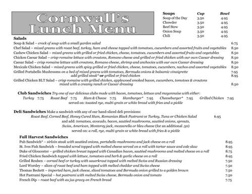 Cornwall's menu in Boston, Massachusetts, USA