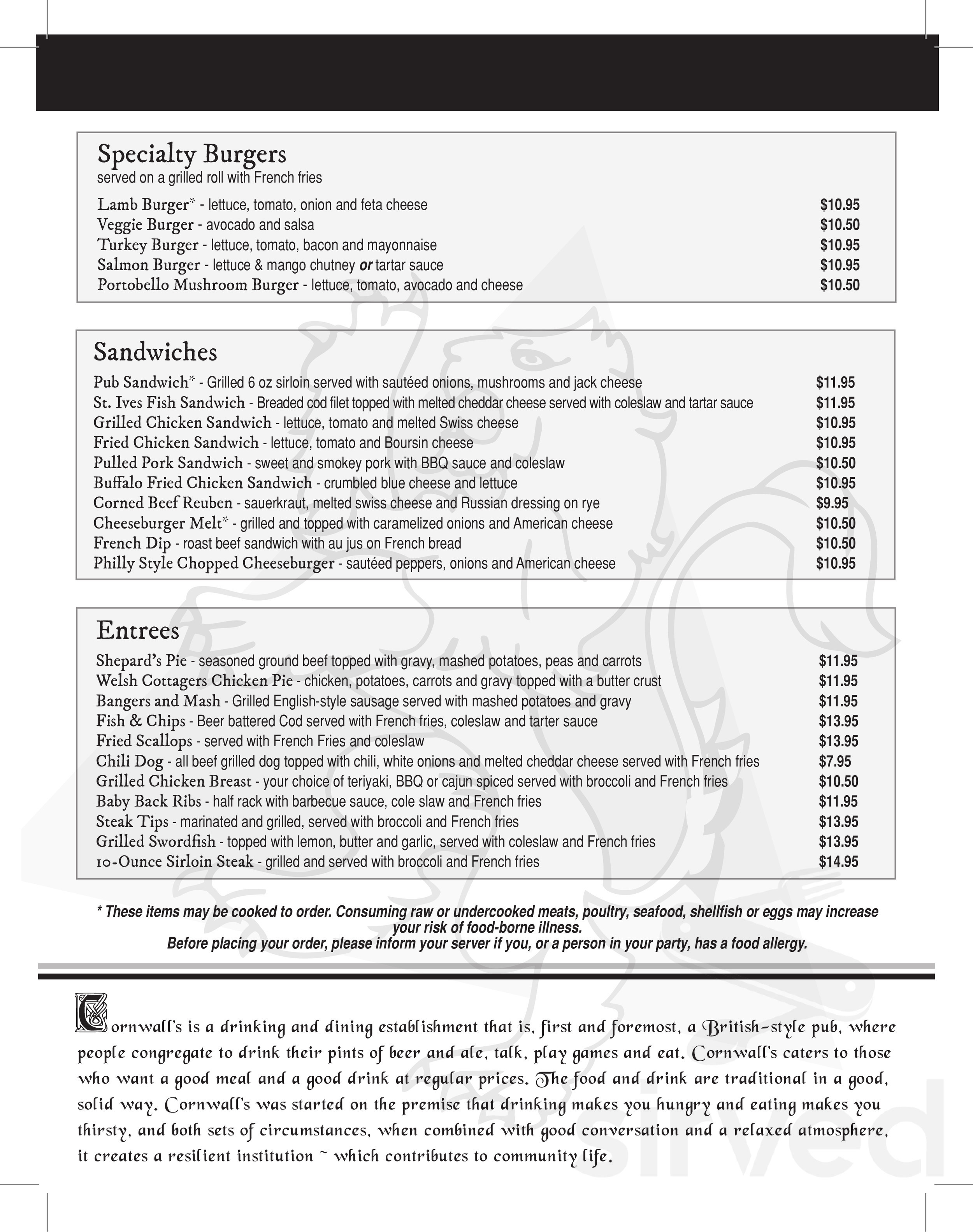 Cornwall's menu in Boston, Massachusetts, USA