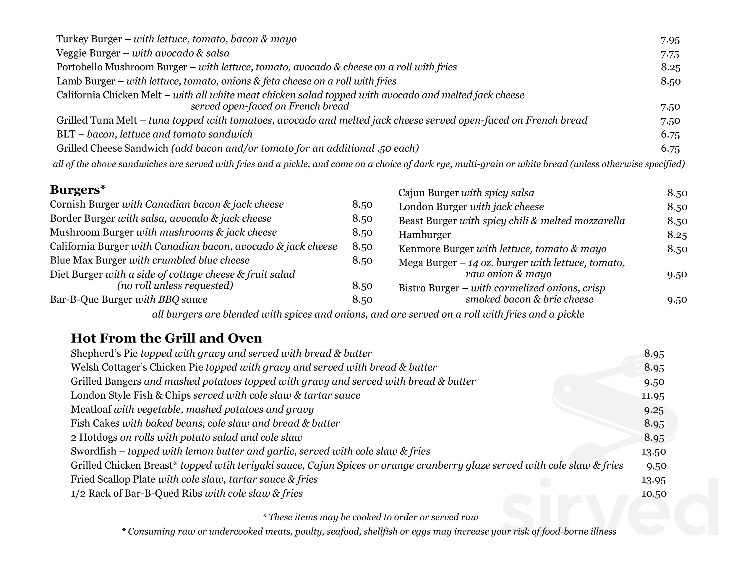 Cornwall's menu in Boston, Massachusetts, USA