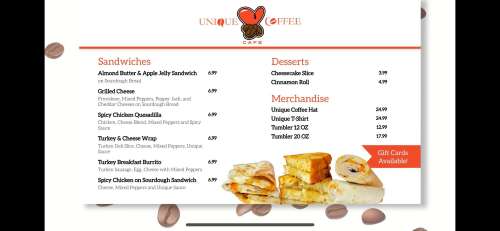 Unique Coffee Cafe menu in Carpentersville, Illinois, USA