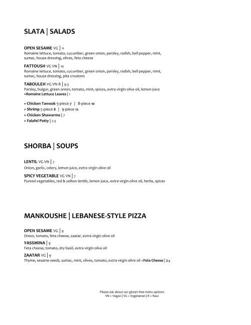 Open Sesame menu in Long Beach, California, USA