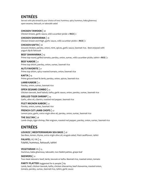 Open Sesame menu in Long Beach, California, USA