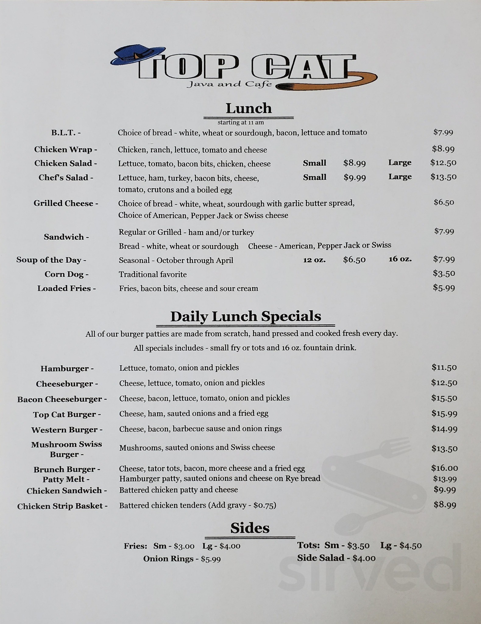 Menu - Rupert ID's Top Cat Java and Cafe | Sirved