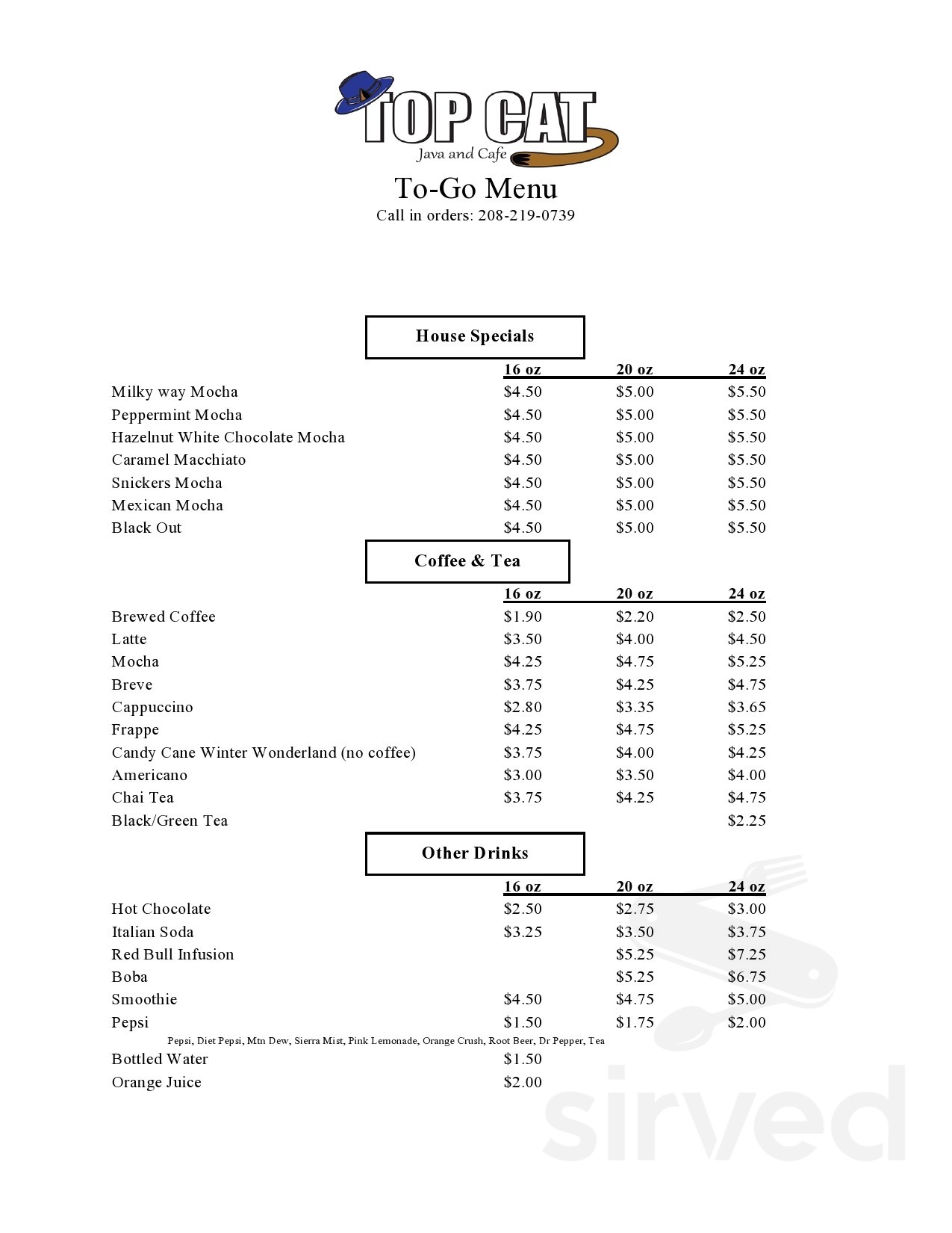 Menu - Rupert ID's Top Cat Java and Cafe | Sirved