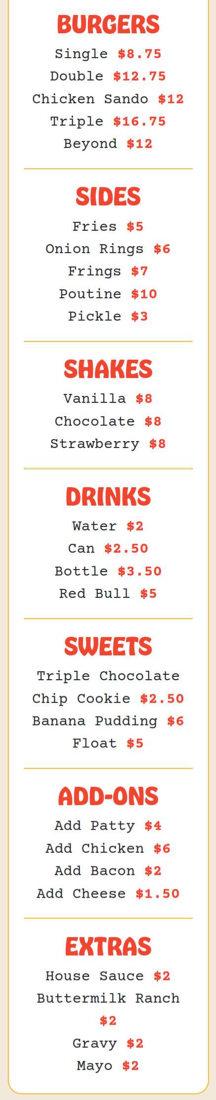 Rosie's Burgers menu in Toronto, Ontario, Canada