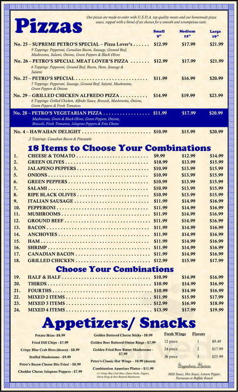 Petro's Pizza Restaurant menu in Cedartown, Georgia, USA