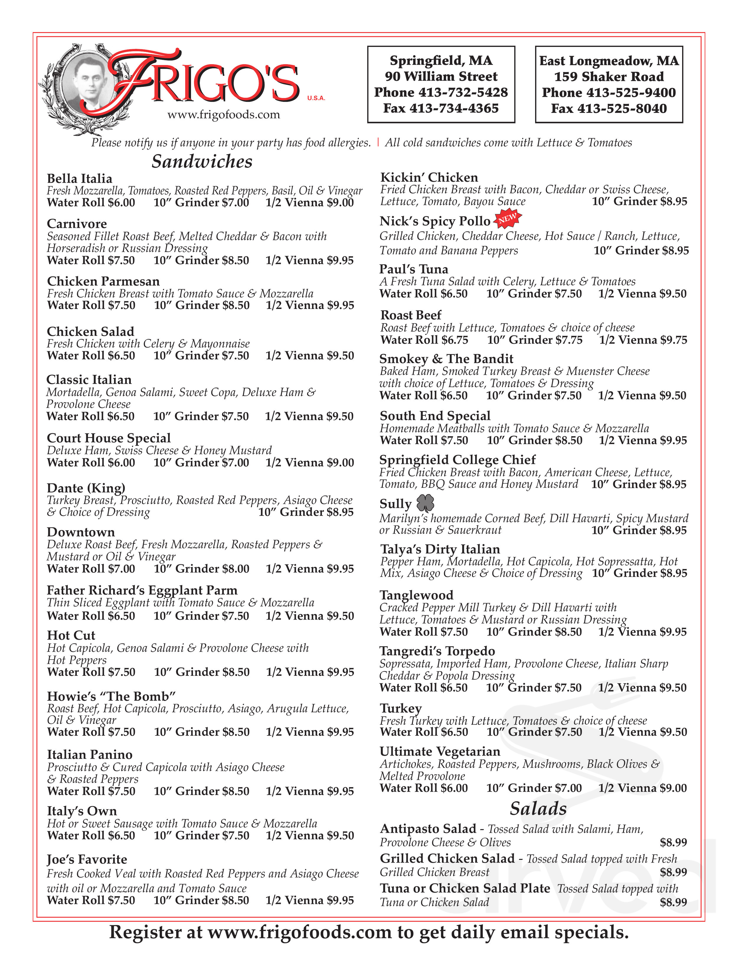 Menu for Frigo Foods in East Longmeadow, MA | Sirved