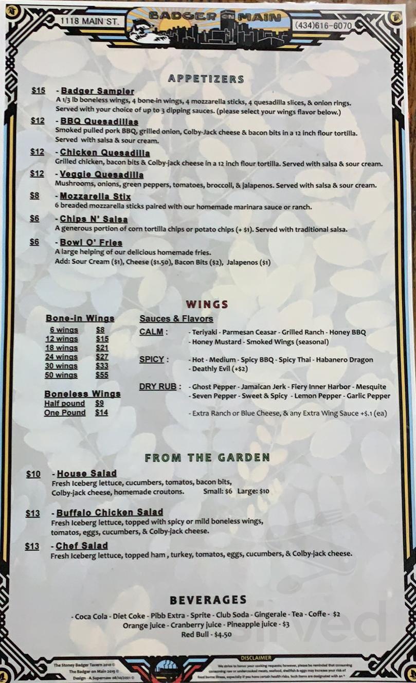 Badger On Main menu in Lynchburg, Virginia, USA