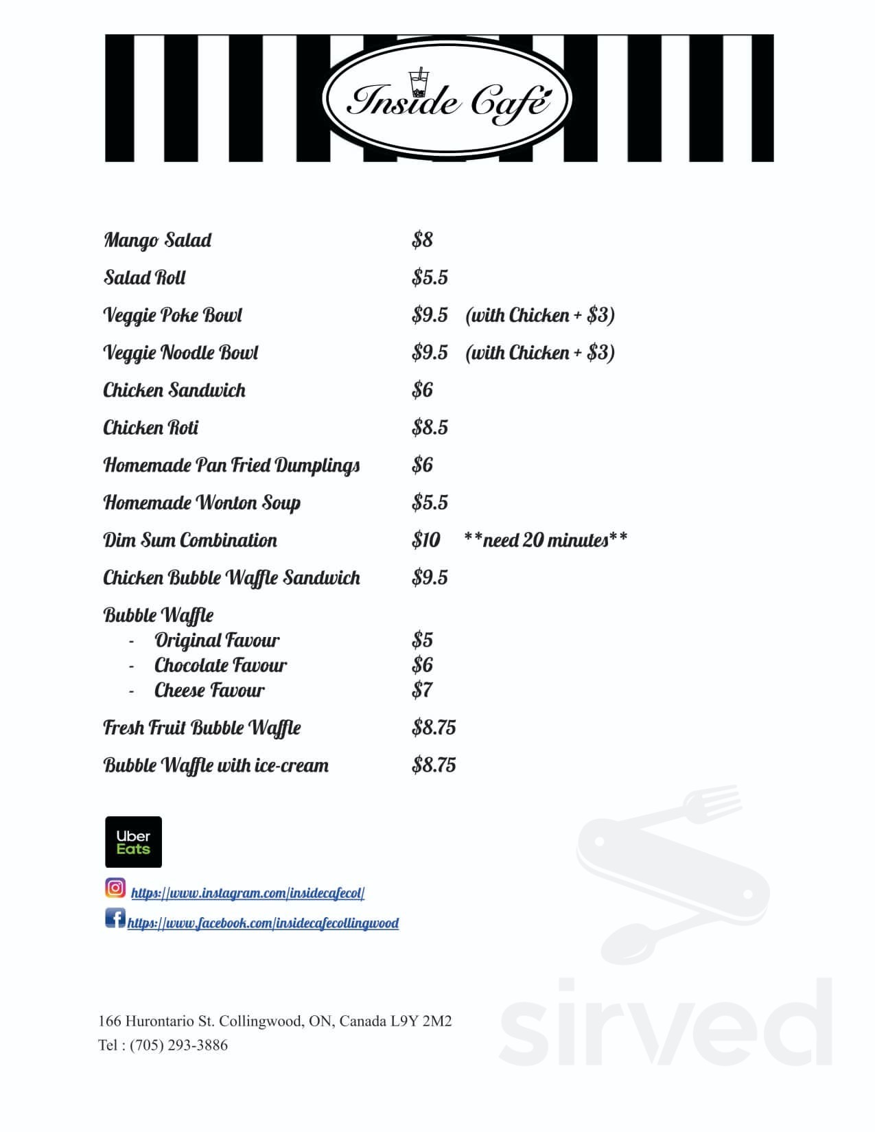Inside Cafe menus in Collingwood, Ontario, Canada