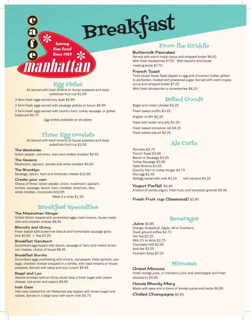 Cafe Manhattan menu in Clayton, Missouri, USA