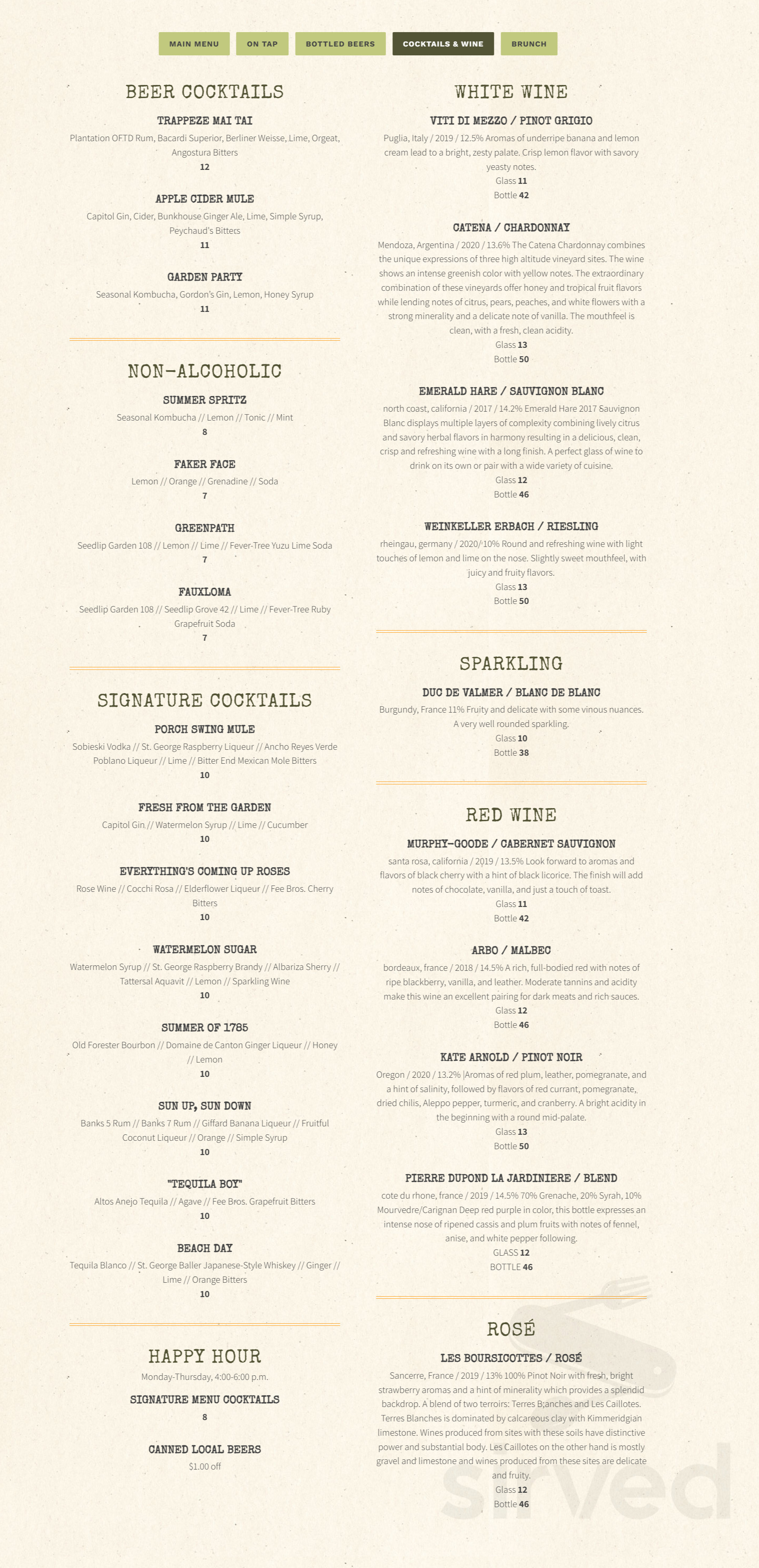 Trappeze Pub menu in Athens, Georgia, USA