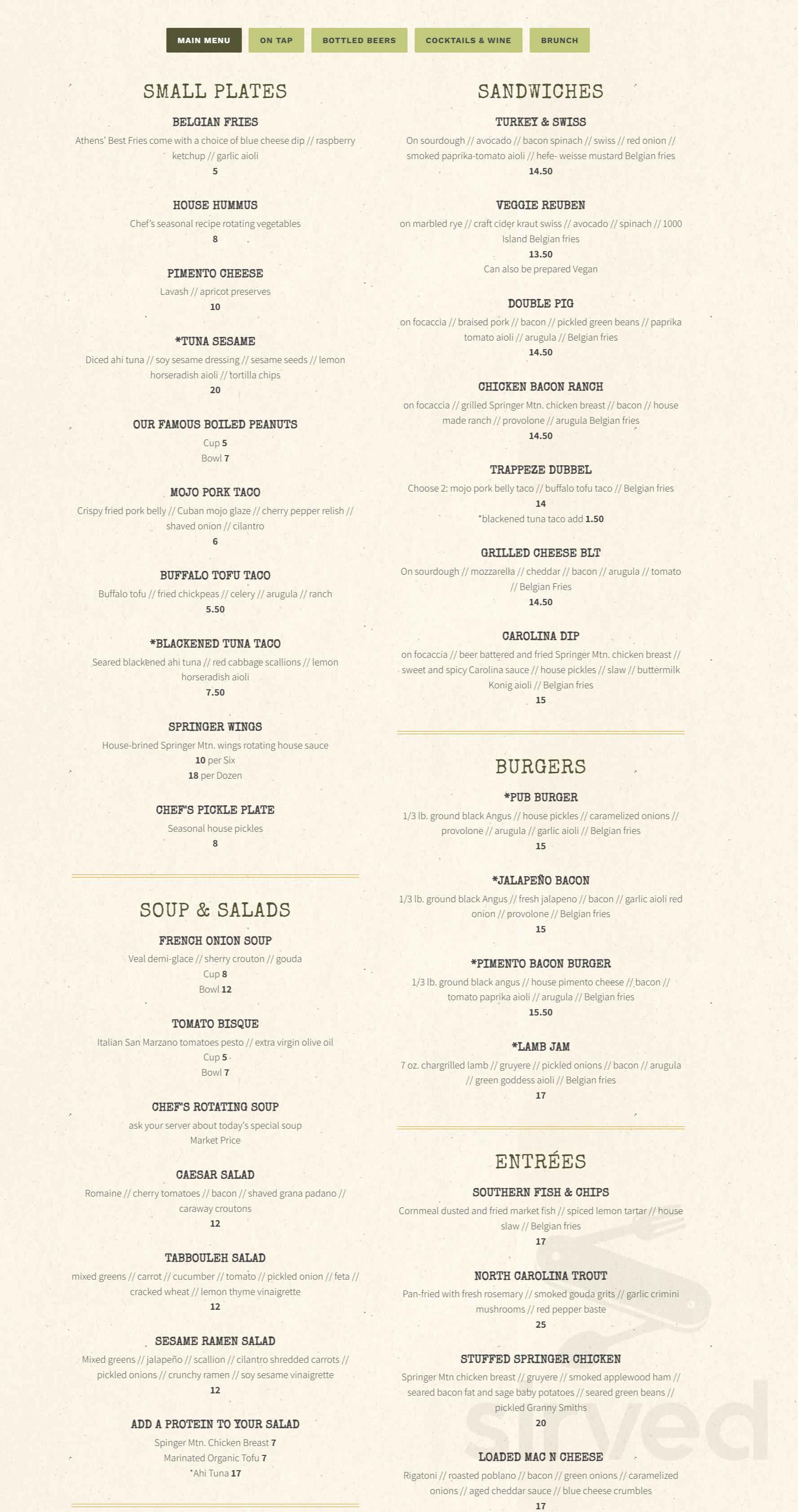 Trappeze Pub menu in Athens, Georgia, USA