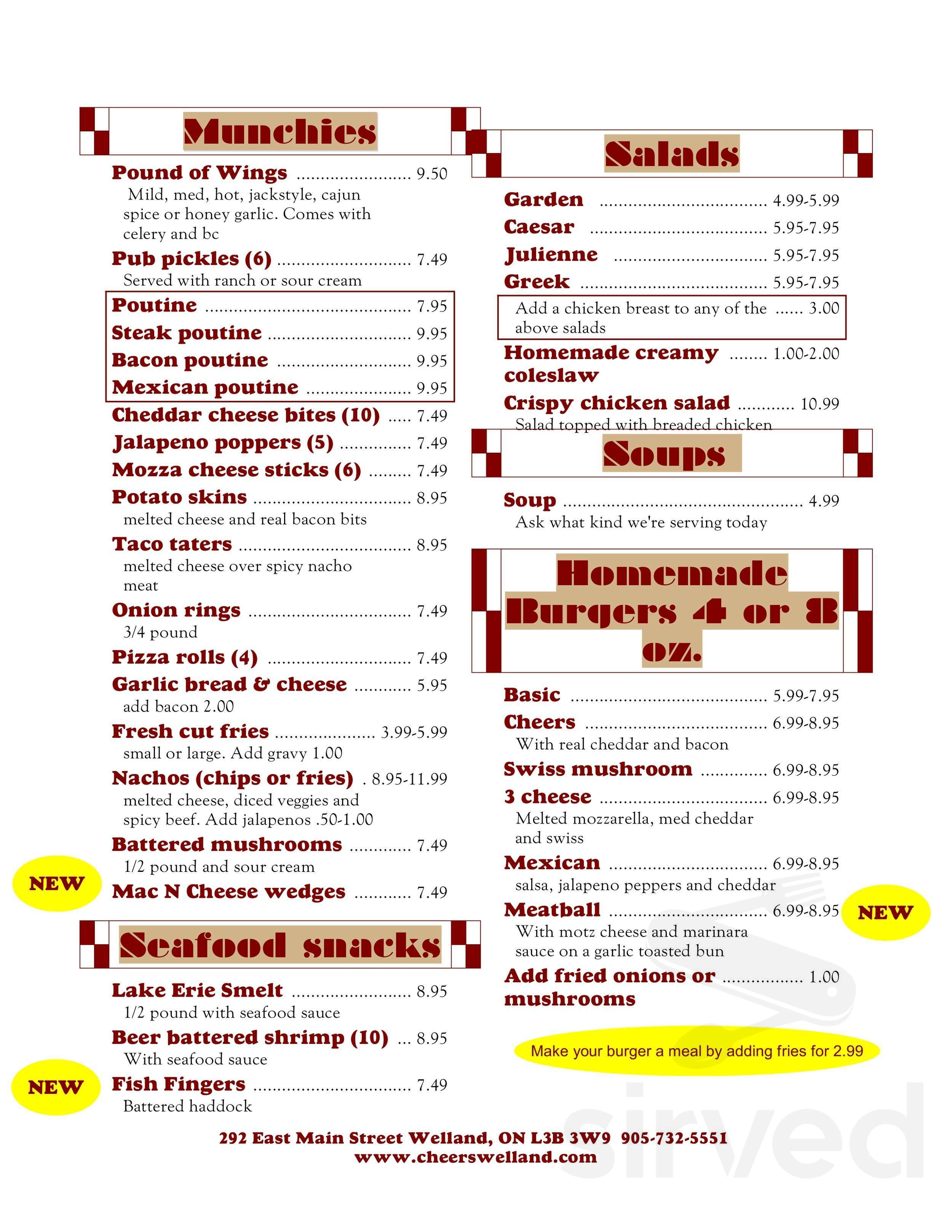 Cheers Restaurant menu in Welland, Ontario, Canada