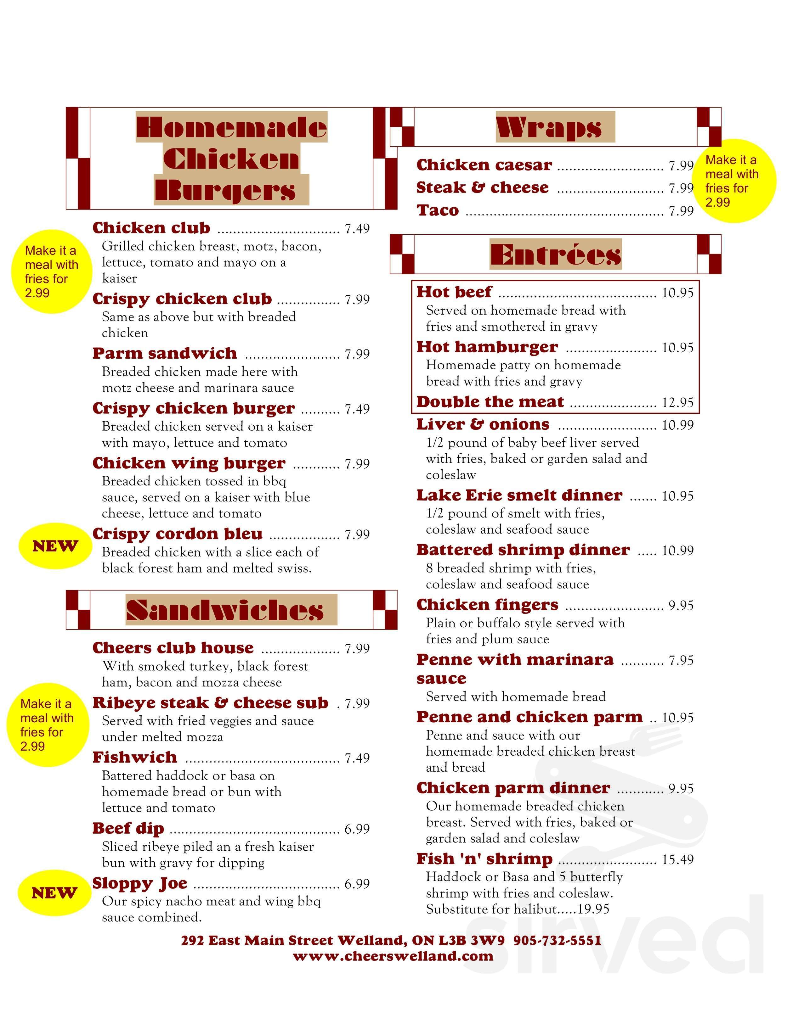 Menu - Welland ON's Cheers Restaurant | Sirved