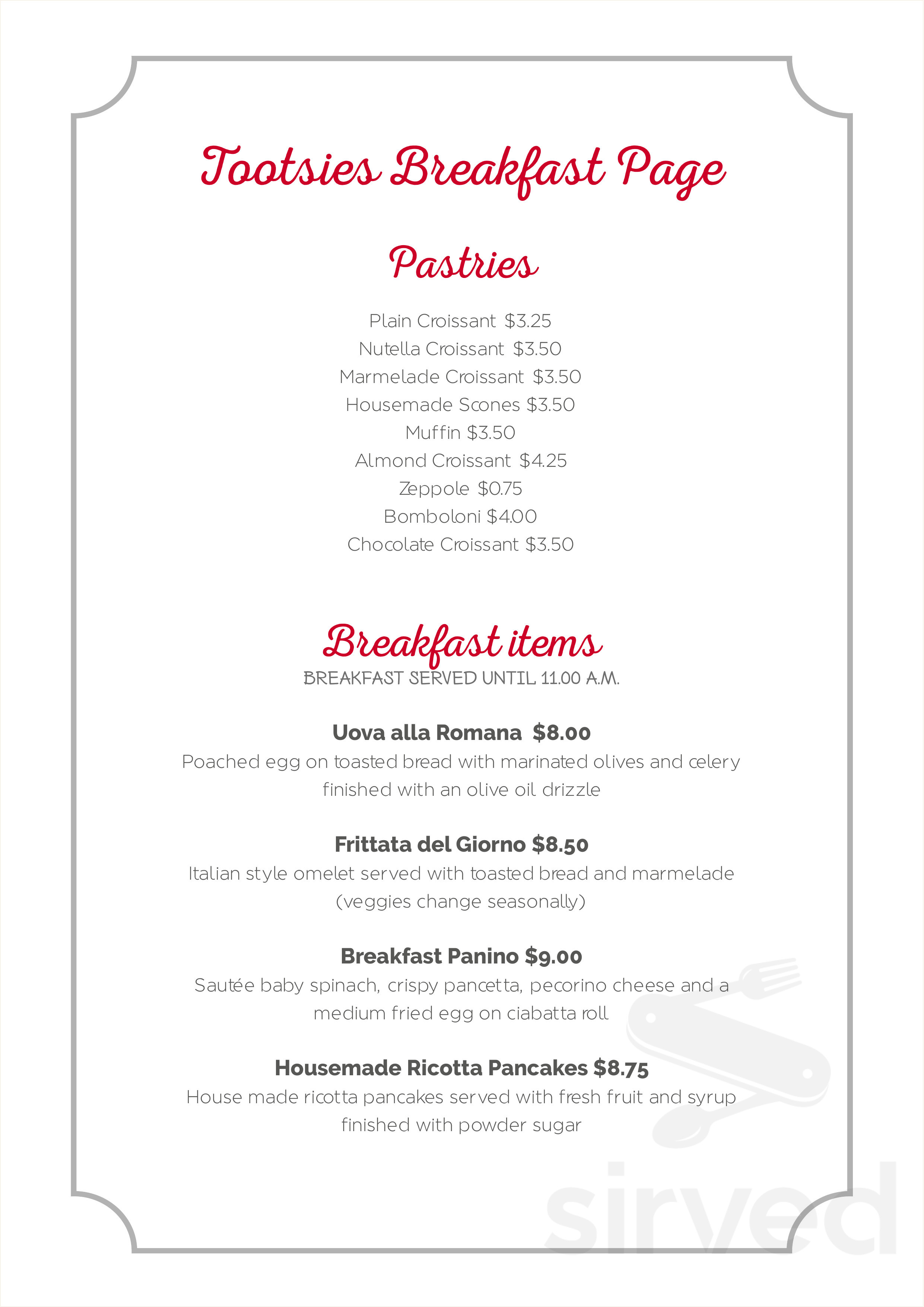 Tootsie's At The Stanford Barn menu in Palo Alto, California, USA