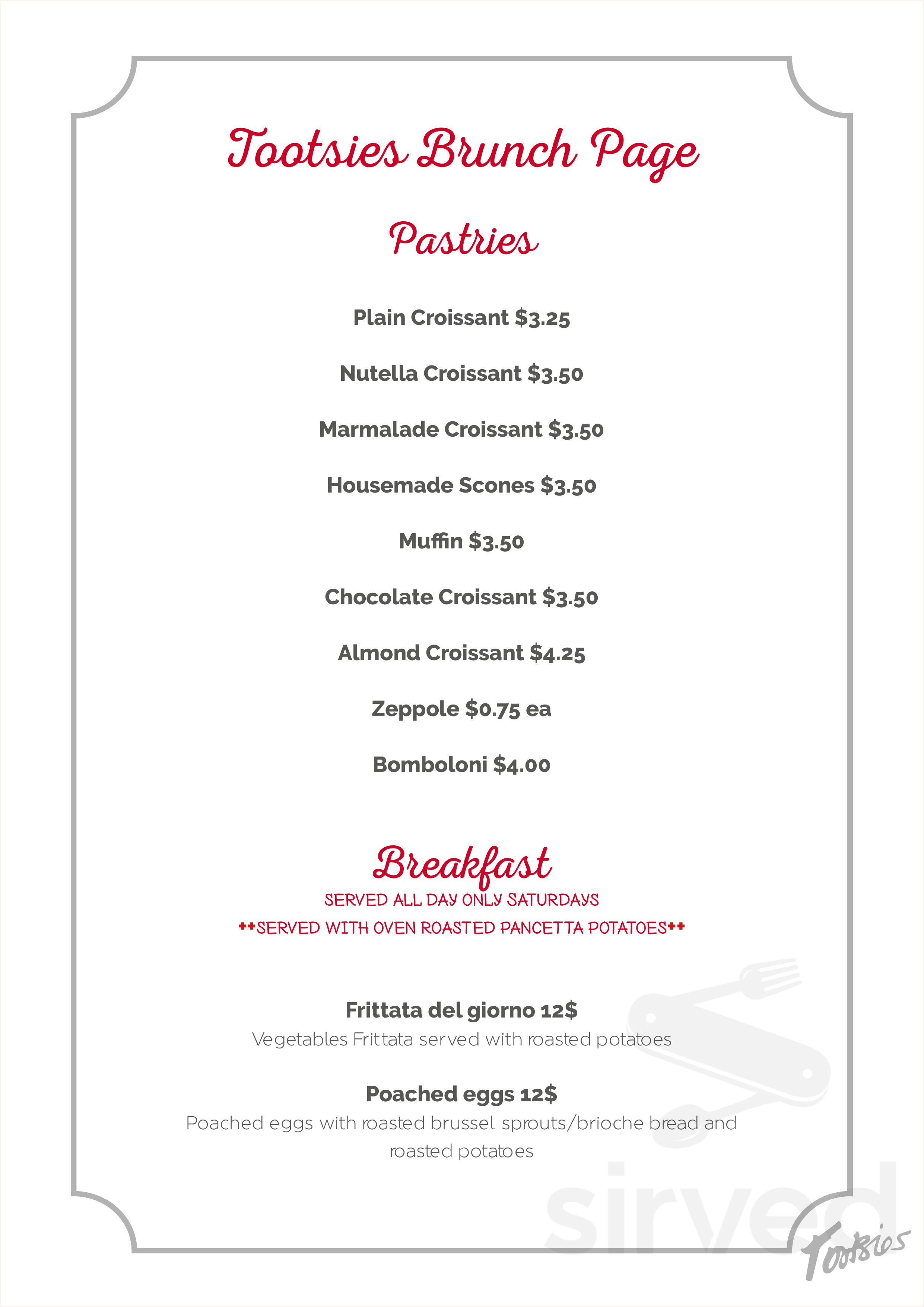 Menu - Palo Alto CA's Tootsie's At The Stanford Barn | Sirved