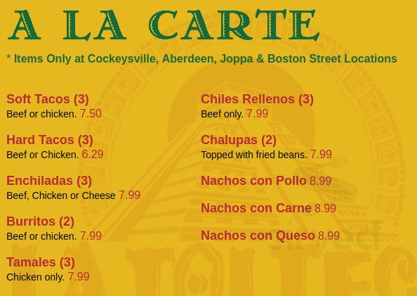 Menu for La Tolteca Mexican Restaurant in Salisbury, MD | Sirved