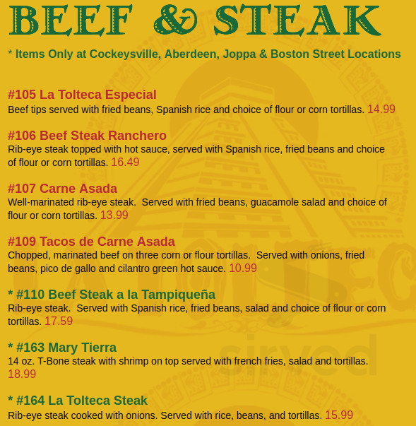 La Tolteca menus in Bel Air, Maryland, United States