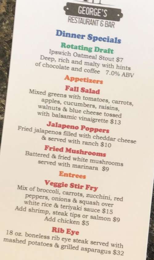 The Office at George's menu in Gloucester, Massachusetts, USA