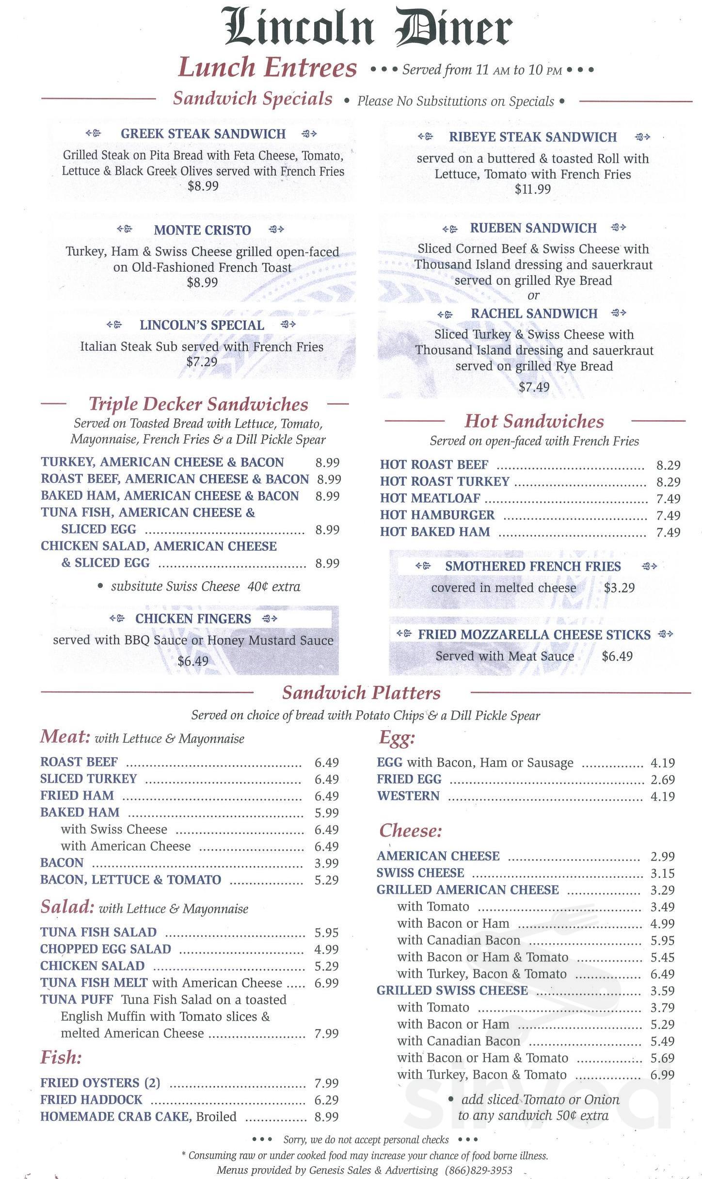 Lincoln Diner menu in Gettysburg, Pennsylvania, USA