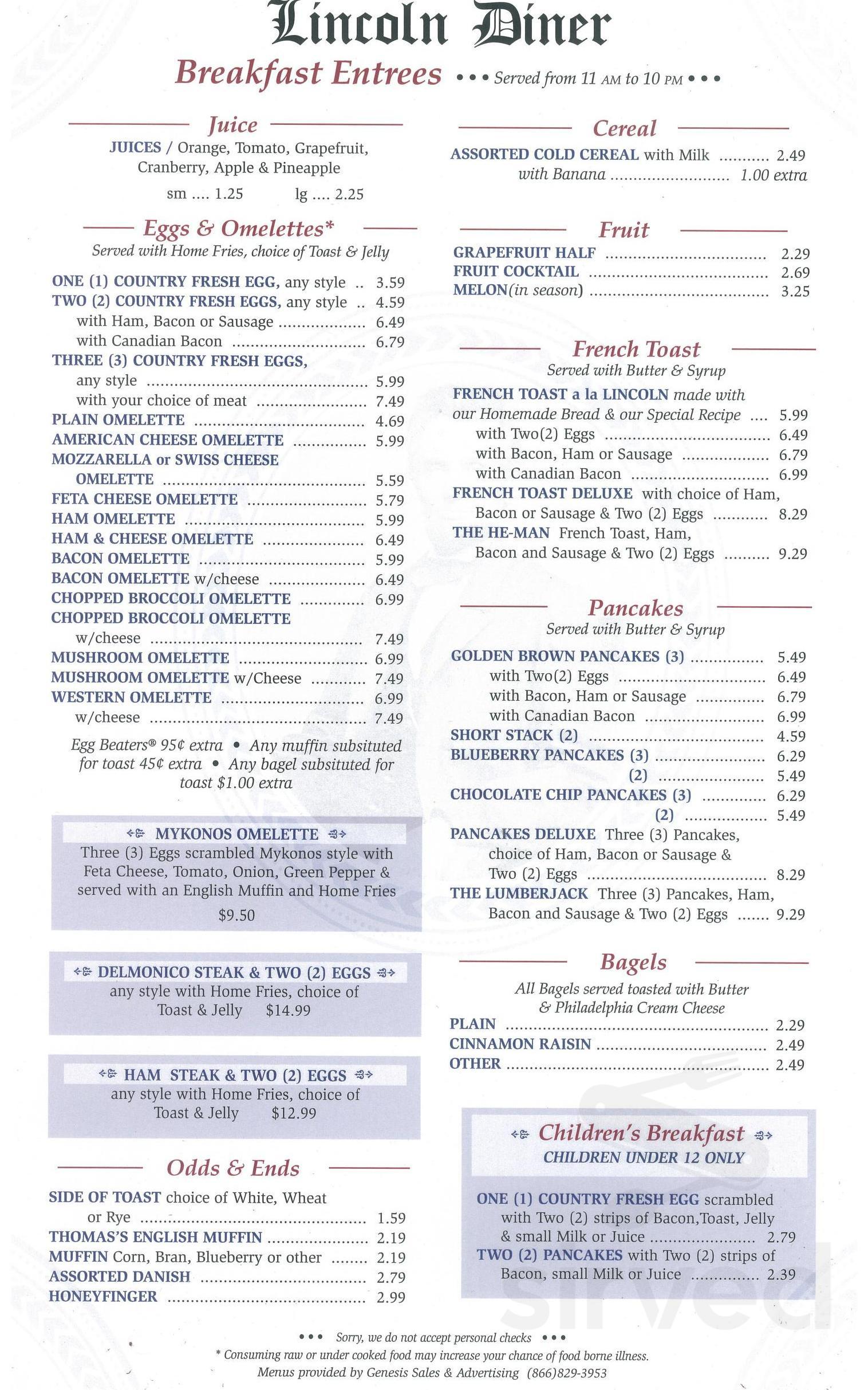 Lincoln Diner menu in Gettysburg, Pennsylvania, USA