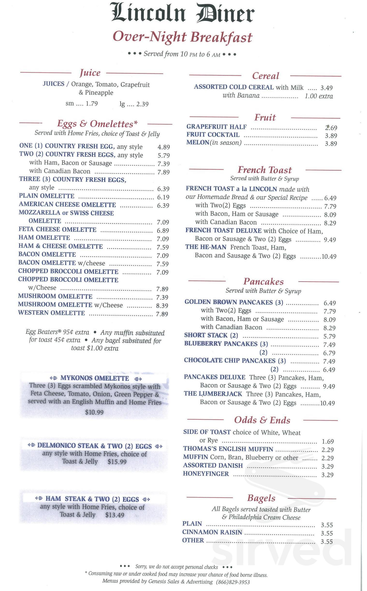 Lincoln Diner menu in Gettysburg, Pennsylvania, USA