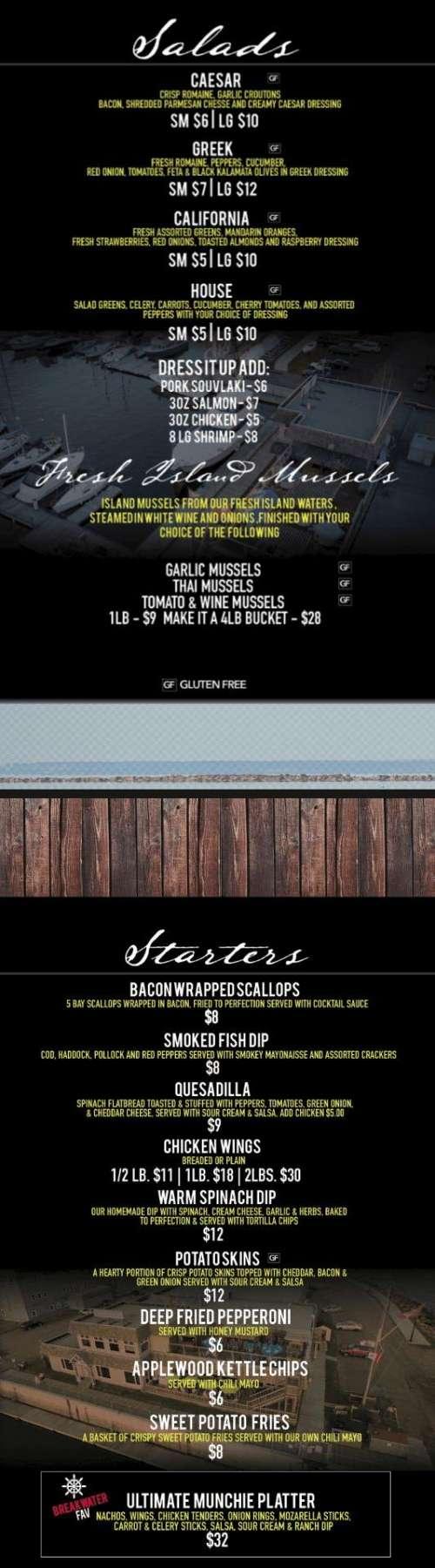 Breakwater Bar & Grill menu in Summerside, Prince Edward Island, Canada