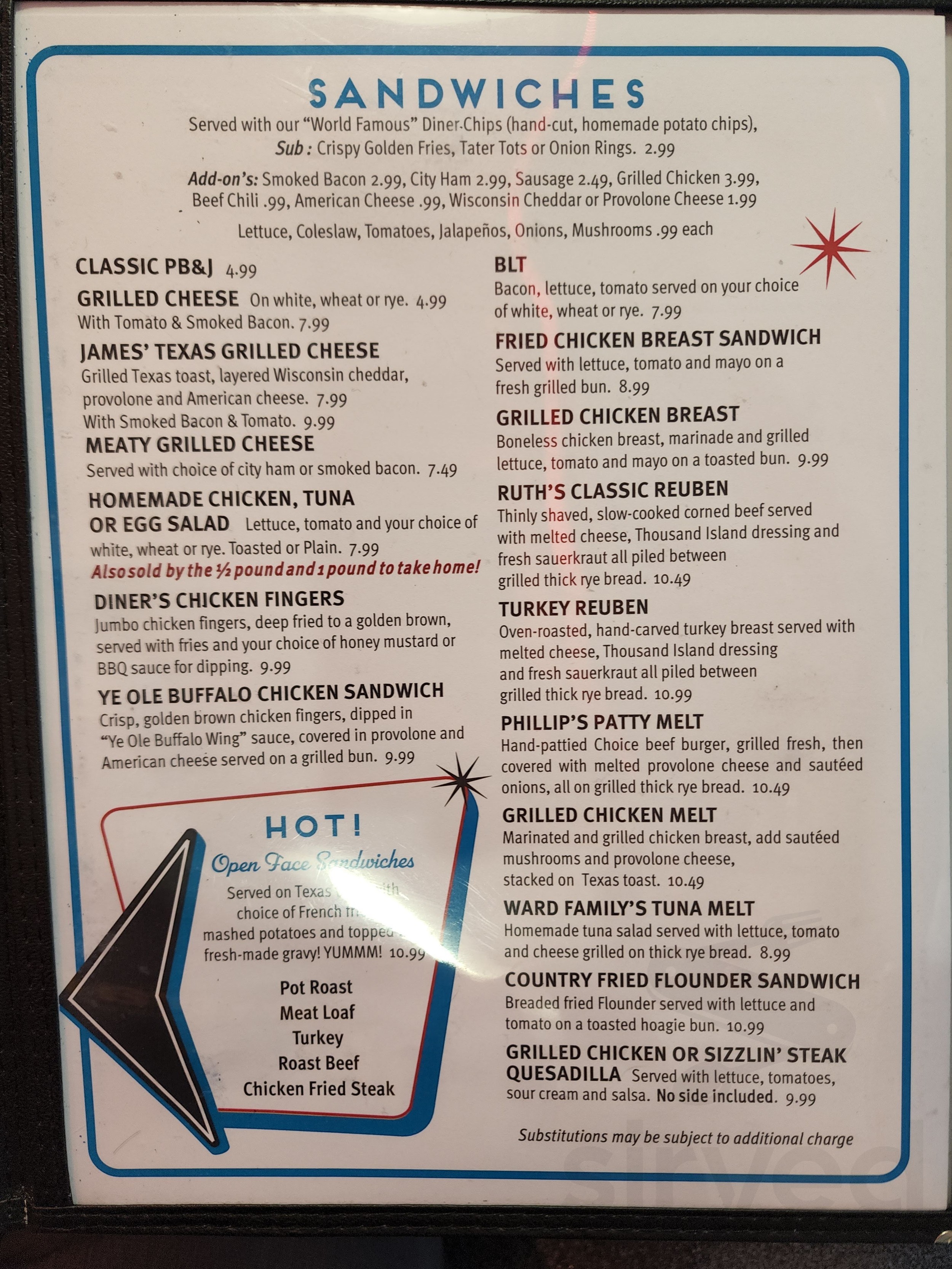 The Shiny Diner menu in Raleigh, North Carolina, USA