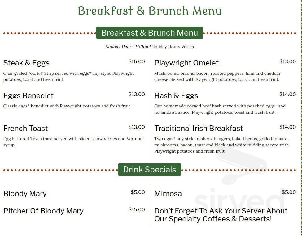 The Playwright Irish Pub Restaurant &Banquet Facility menu in Hamden ...