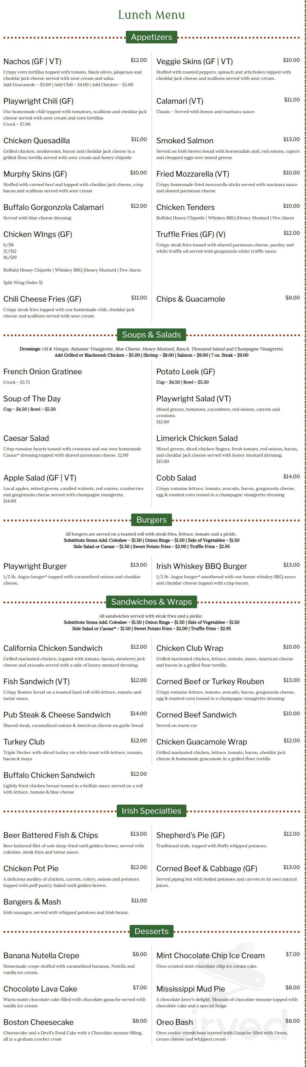 Menu for The Playwright Irish Pub Restaurant &Banquet Facility in ...